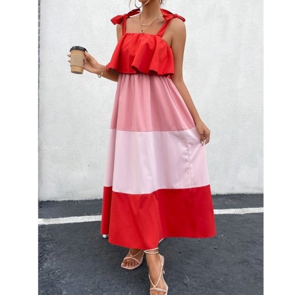 Dresses | Colorblock Tie Shoulder Ruffle Trim Maxi Dress | Poshmark